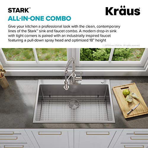 Kraus KCA-1102 Stark Dual Mount Drop Sink and Pull-Down Commercial Kitchen Faucet Combo in Stainless Steel Finish, 33"- Single Bowl