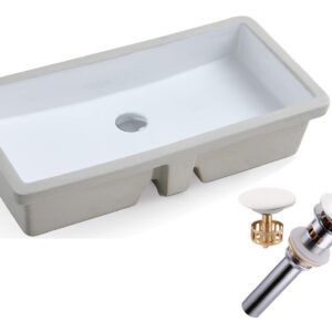 KINGSMAN Rectrangle Undermount Vitreous Ceramic Lavatory Vanity Bathroom Sink Pure White (27.9 Inch with Pop-up Drain)