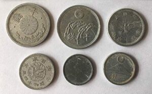 1 authentic historical ww2 era (1946-1938) japanese 6 coin set. coinage from world war 2 german ally era japan. circulated condition graded by seller