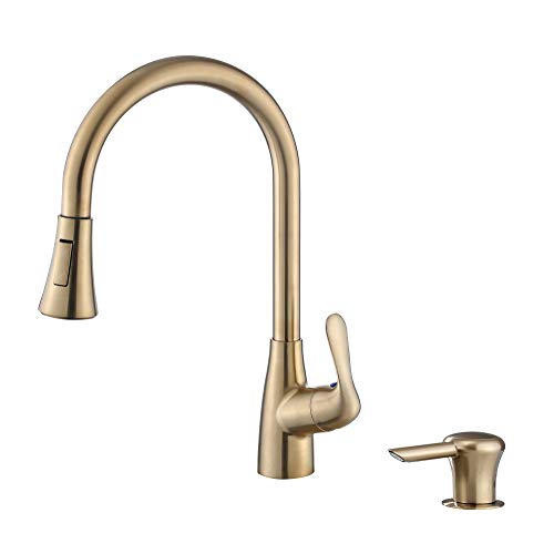 Derengge KF-058S-CS Single Handle Pull-Down Kitchen Faucet with Soap Dispenser, 2 Hole Installation, Meets cUPC NSF 61-9 AB1953, Brushed Gold Finished