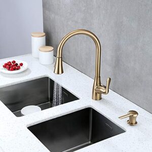 Derengge KF-058S-CS Single Handle Pull-Down Kitchen Faucet with Soap Dispenser, 2 Hole Installation, Meets cUPC NSF 61-9 AB1953, Brushed Gold Finished