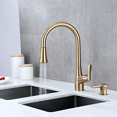 Derengge KF-058S-CS Single Handle Pull-Down Kitchen Faucet with Soap Dispenser, 2 Hole Installation, Meets cUPC NSF 61-9 AB1953, Brushed Gold Finished