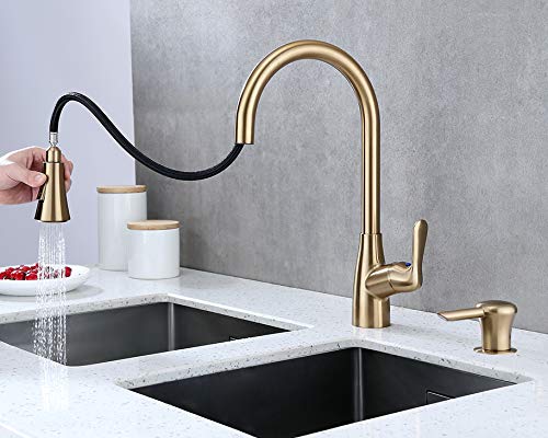 Derengge KF-058S-CS Single Handle Pull-Down Kitchen Faucet with Soap Dispenser, 2 Hole Installation, Meets cUPC NSF 61-9 AB1953, Brushed Gold Finished