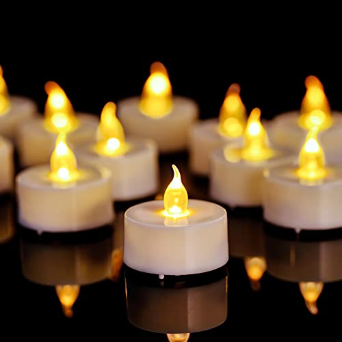 Battery tealights ,12 Pack Realistic and Bright Flickering Last 200 hours Longer Battery Operated Flameless LED Tea Lights candles for Holiday, Weddings, Birthdays,Halloween,Christmas(Warm Yellow)