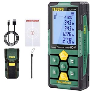 laser measure rechargeable, teccpo laser distance meter 196ft, 99 sets data storage, electronic angle sensor, 2.25' lcd backlit, mute function, measure distance, area, volume, pythagoras - tdlm10p