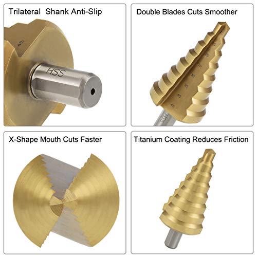 uxcell Step Drill Bit HSS 10mm to 45mm 8 Sizes Titanium Coated Straight Flutes Trilateral Shank for Metal Wood Plastic