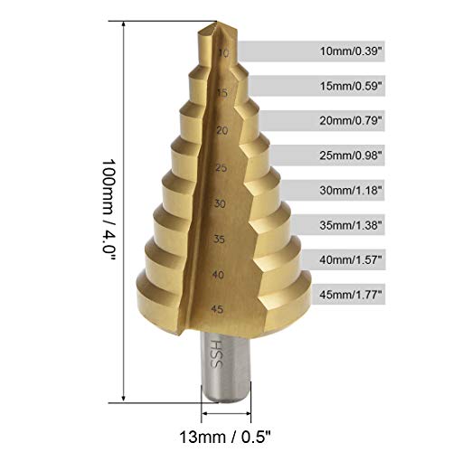 uxcell Step Drill Bit HSS 10mm to 45mm 8 Sizes Titanium Coated Straight Flutes Trilateral Shank for Metal Wood Plastic