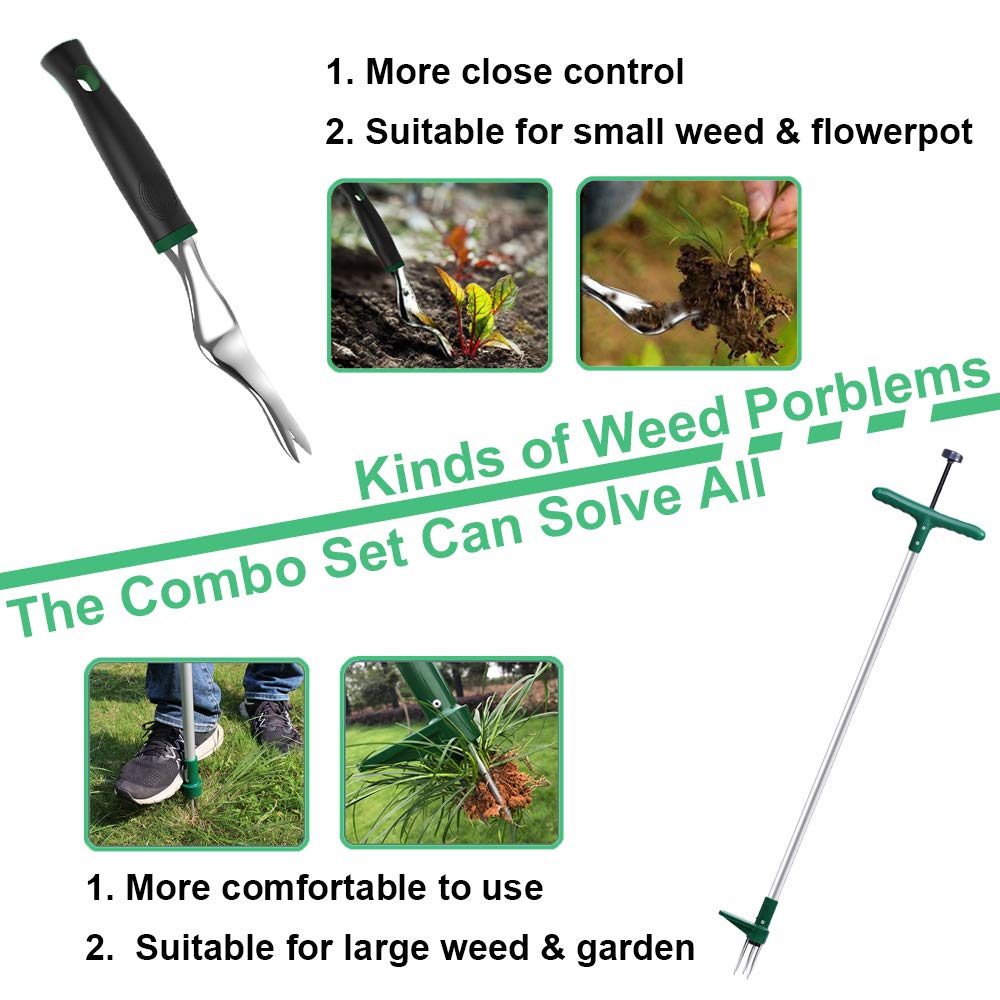 Walensee Stand Up Weeder and Weed Puller, Stand up Manual Weeder Hand Tool with 3 Claws, Stainless Steel and High Strength Foot Pedal, Weed Puller (Combo Pack - Stand Up Weeder & Hand Weeder)