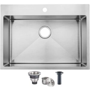 shaco commercial 28 inch 16 gauge top mount drop-in single bowl basin handmade t304 brushed nickel kitchen sink, stainless steel 9 inch deep kitchen sinks, fregadero