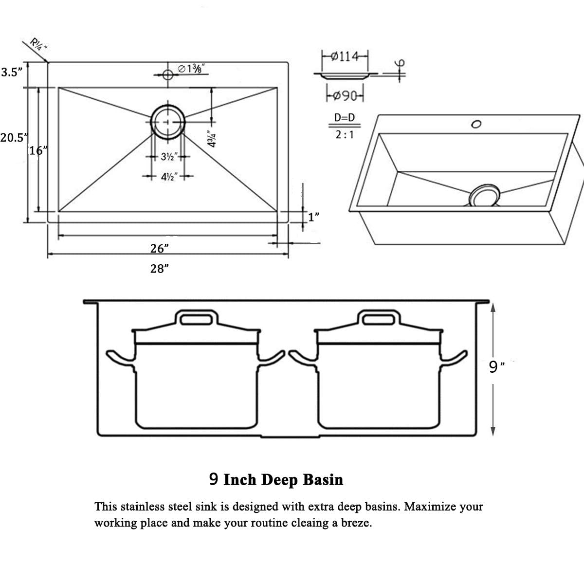 SHACO Commercial 28 inch 16 Gauge Top mount Drop-in Single Bowl Basin Handmade T304 Brushed Nickel Kitchen Sink, Stainless Steel 9 Inch Deep Kitchen Sinks, Fregadero