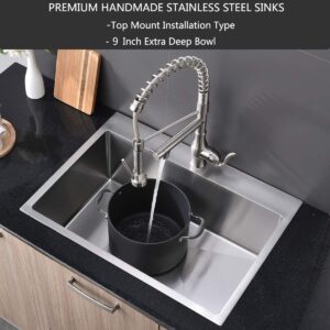 SHACO Commercial 28 inch 16 Gauge Top mount Drop-in Single Bowl Basin Handmade T304 Brushed Nickel Kitchen Sink, Stainless Steel 9 Inch Deep Kitchen Sinks, Fregadero