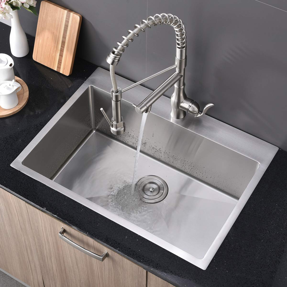 SHACO Commercial 28 inch 16 Gauge Top mount Drop-in Single Bowl Basin Handmade T304 Brushed Nickel Kitchen Sink, Stainless Steel 9 Inch Deep Kitchen Sinks, Fregadero