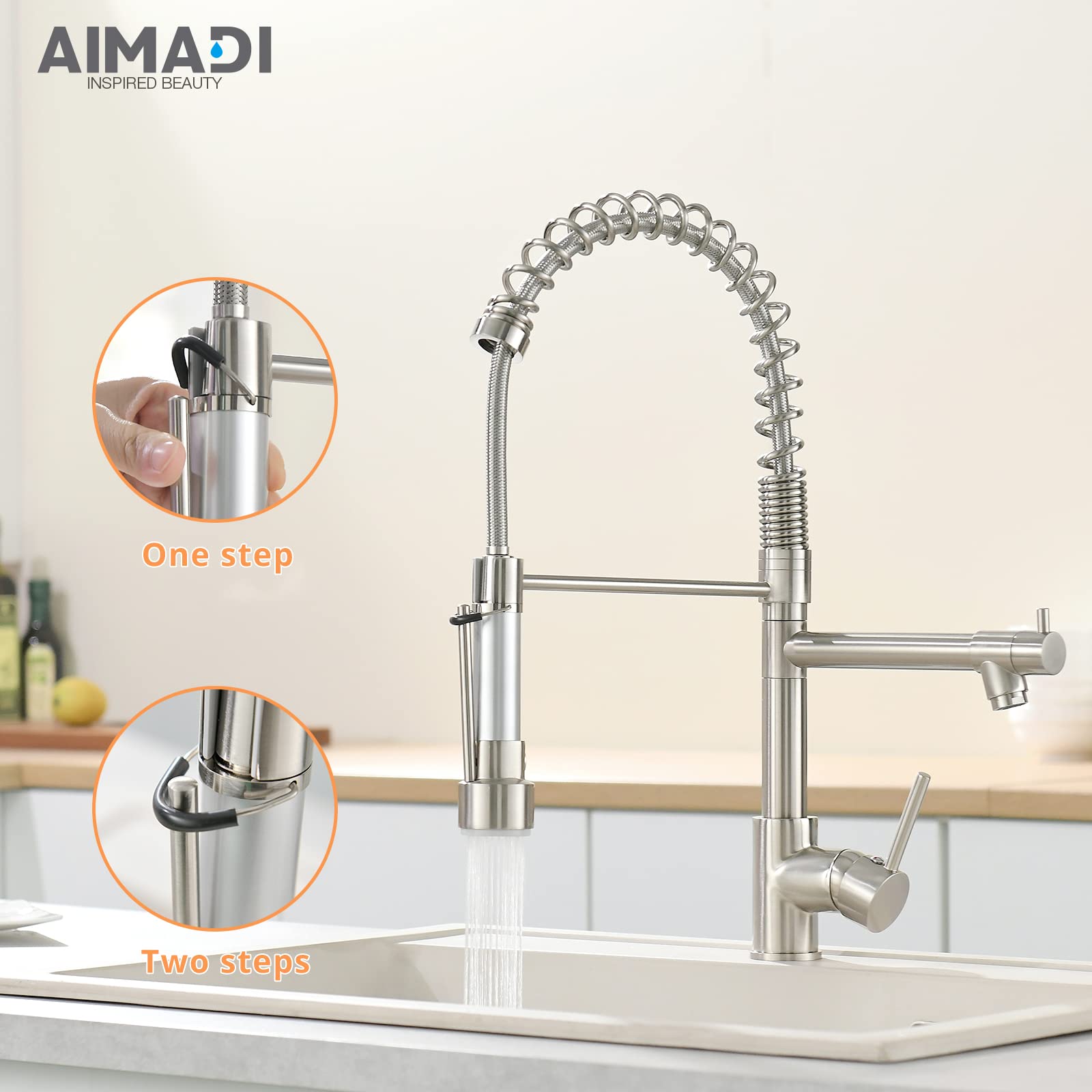 AIMADI Kitchen Faucet with Pull Down Sprayer,Commercial Single Handle High Arc Stainless Steel Brushed Nickel Kitchen Sink Faucet