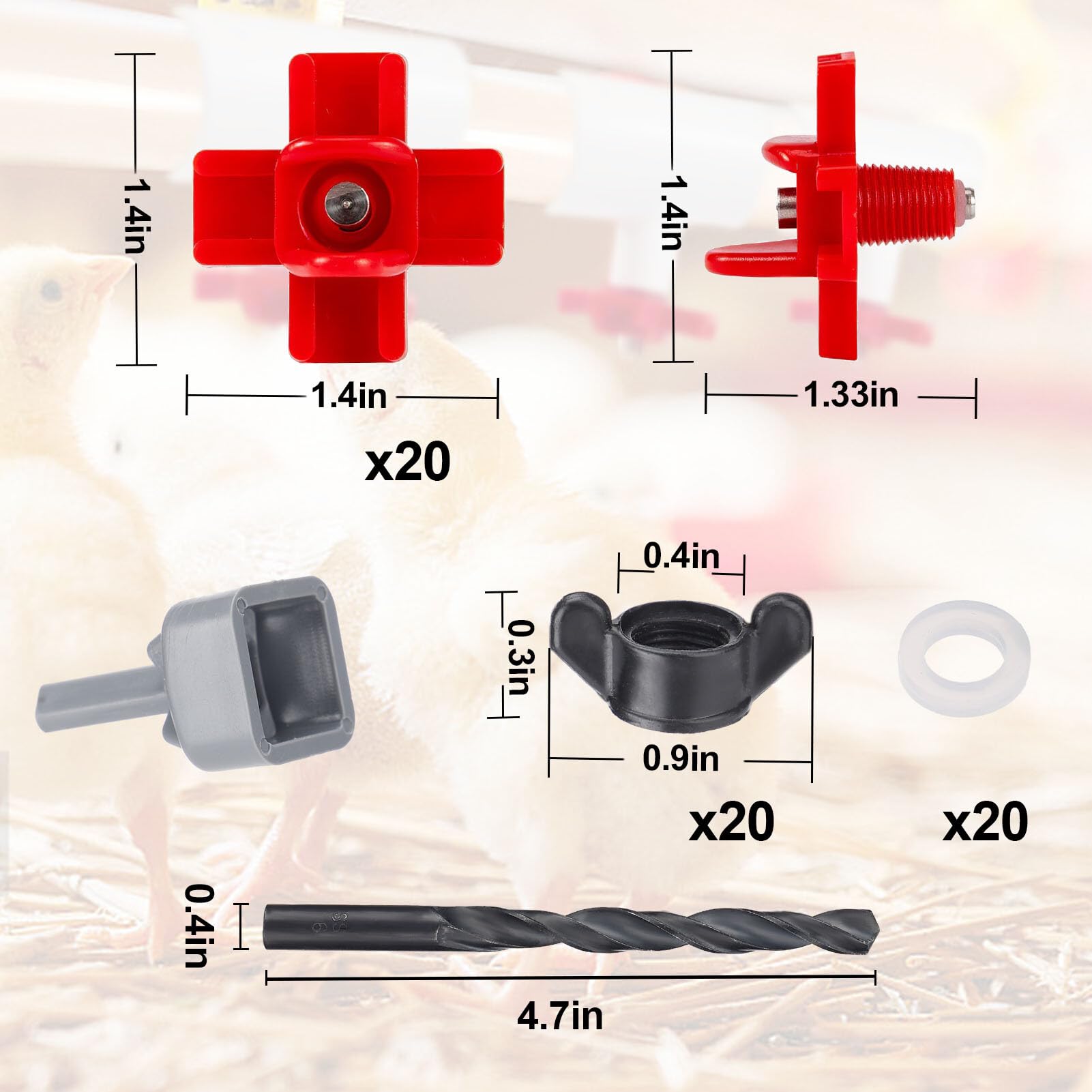 MEWTOGO 20 Pack Horizontal Chicken Nipples Waterer, Automatic Poultry Nipples Horizontal Side Mount Chicken Drinkers for Chicken Quail Duck