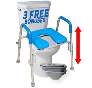 ultimate raised toilet seat with handles, padded, armrests, adjustable height, premium elevated toilet seat for elderly bathroom safety with arms, standard and elongated toilets, blue