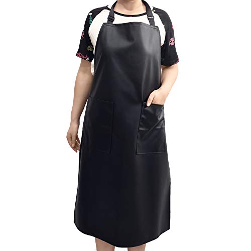 Aimbinet Waterproof Rubber Vinyl Apron - Chemical Resistant Work Cloth with 2 Pockets- Adjustable for Men & Women, Water and Oil Resistant For DishWashing, Lab Work, Butcher, Dog Grooming, Cleaning Fish, Black, Small