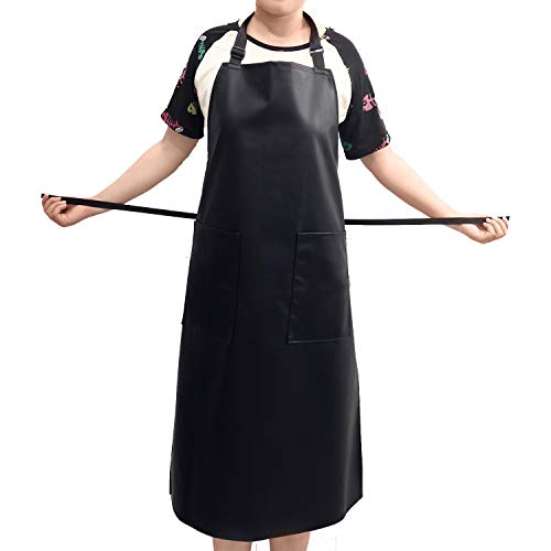 Aimbinet Waterproof Rubber Vinyl Apron - Chemical Resistant Work Cloth with 2 Pockets- Adjustable for Men & Women, Water and Oil Resistant For DishWashing, Lab Work, Butcher, Dog Grooming, Cleaning Fish, Black, Small