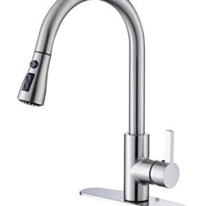 Single Handle High Arc Pull Out Brushed Nickel Kitchen Faucet, Single Level Stainless Steel Kitchen Sink Faucets with Pull Down Sprayer, KNACK