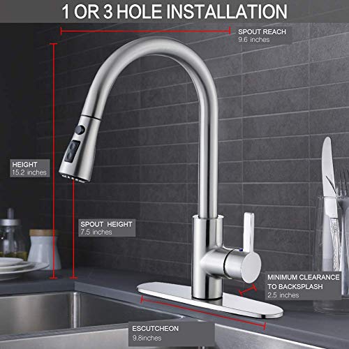 Single Handle High Arc Pull Out Brushed Nickel Kitchen Faucet, Single Level Stainless Steel Kitchen Sink Faucets with Pull Down Sprayer, KNACK