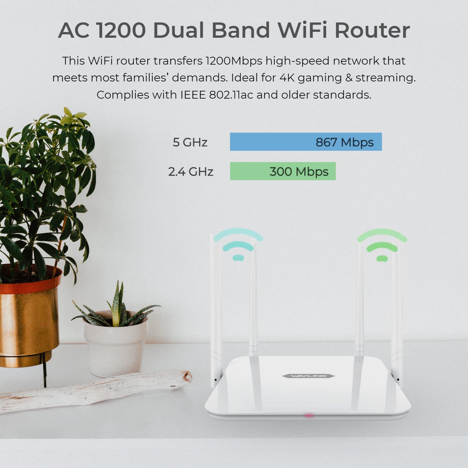 WiFi Router 1200Mbps, WAVLINK Smart Router Dual Band 5Ghz+2.4Ghz, Wireless Internet Routers for Home & Gaming with Amplifiers PA+LNA | 2x2 MIMO Antennas | Support Router/Access Point/WISP Mode