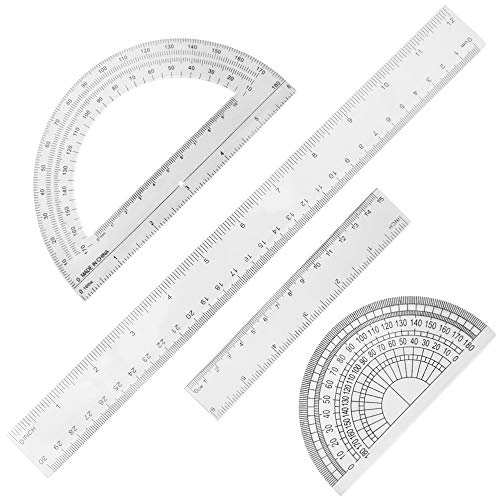 Set of 4, Clear Measuring Tools, DaKuan Plastic Straight Ruler (12 Inches and 6 Inches) and Protractor 180 Degree (4 Inch and 6 Inch)