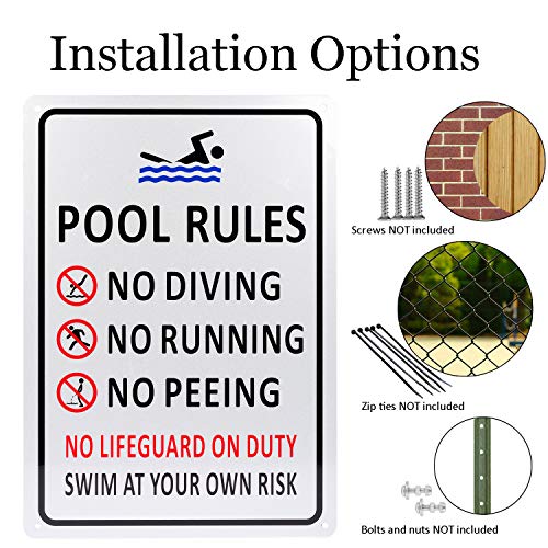 Kichwit Pool Rules Sign for Outdoor, Backyard Metal Swimming Pool Sign, No Diving No Running No Peeing No Lifeguard on Duty Sign, Aluminum, Weather Resistant, 9.4 x 13.4 Inches, Silver