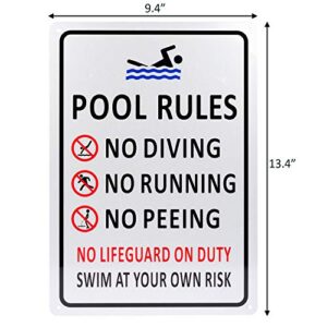 Kichwit Pool Rules Sign for Outdoor, Backyard Metal Swimming Pool Sign, No Diving No Running No Peeing No Lifeguard on Duty Sign, Aluminum, Weather Resistant, 9.4 x 13.4 Inches, Silver