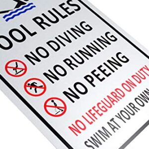 Kichwit Pool Rules Sign for Outdoor, Backyard Metal Swimming Pool Sign, No Diving No Running No Peeing No Lifeguard on Duty Sign, Aluminum, Weather Resistant, 9.4 x 13.4 Inches, Silver