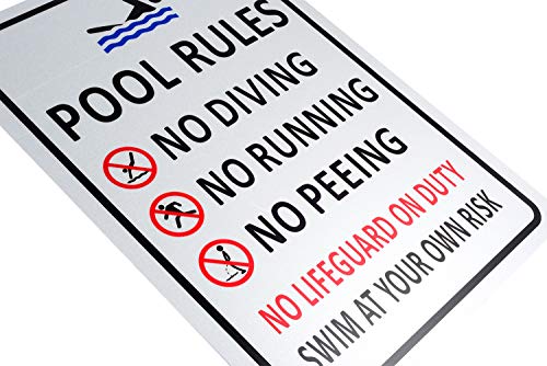 Kichwit Pool Rules Sign for Outdoor, Backyard Metal Swimming Pool Sign, No Diving No Running No Peeing No Lifeguard on Duty Sign, Aluminum, Weather Resistant, 9.4 x 13.4 Inches, Silver