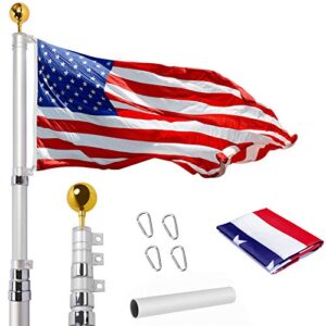 wevalor 20ft telescoping flag pole kit, heavy duty 16 gauge aluminum outdoor in ground flag poles with 3x5 usa flag, for residential or commercial, silver