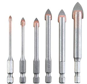 tile glass drill bits set, 6pcs masonry carbide tips drilling bits for soft ceramic tile, mirror, plastic | spiral slot 1/8, 3/16, 1/4, 5/16, 3/8, 1/2 inch