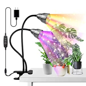 ghodec grow light for indoor plants,full spectrum dual head desk clip plant light for seedlings/seeds/succulents,adjustable gooseneck & timer setting 3h/9h/12h,3 color modes