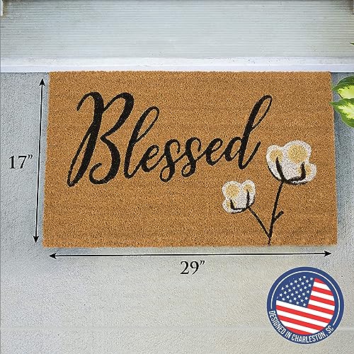 Avera Products | Blessed Cotton Bloom, Natural Coir Fiber Doormat, Anti-Slip PVC Mat Back | 29” x 17”