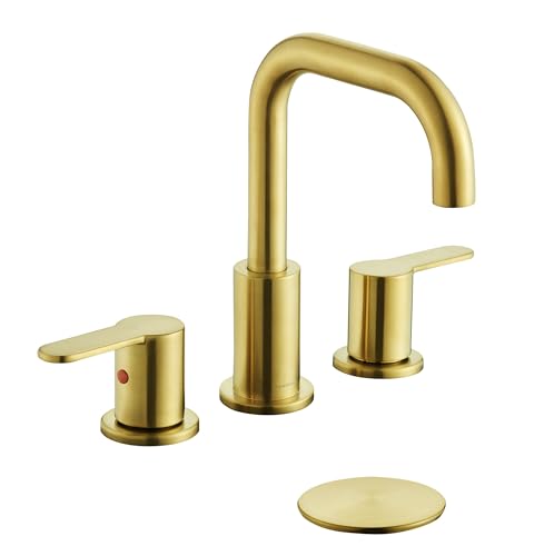 TimeArrow Brushed Gold 2 Handle 8 Inch Widespread Bathroom Sink Faucet with Pop-Up Drain, High Arc Modern Bathroom Vanity Lavatory Faucet 3 Holes with Brass 360° Swivel Spout, TAF830E-PB