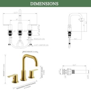 TimeArrow Brushed Gold 2 Handle 8 Inch Widespread Bathroom Sink Faucet with Pop-Up Drain, High Arc Modern Bathroom Vanity Lavatory Faucet 3 Holes with Brass 360° Swivel Spout, TAF830E-PB