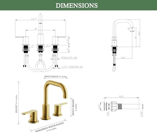 TimeArrow Brushed Gold 2 Handle 8 Inch Widespread Bathroom Sink Faucet with Pop-Up Drain, High Arc Modern Bathroom Vanity Lavatory Faucet 3 Holes with Brass 360° Swivel Spout, TAF830E-PB