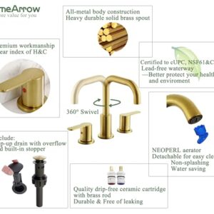 TimeArrow Brushed Gold 2 Handle 8 Inch Widespread Bathroom Sink Faucet with Pop-Up Drain, High Arc Modern Bathroom Vanity Lavatory Faucet 3 Holes with Brass 360° Swivel Spout, TAF830E-PB