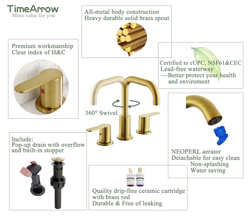 TimeArrow Brushed Gold 2 Handle 8 Inch Widespread Bathroom Sink Faucet with Pop-Up Drain, High Arc Modern Bathroom Vanity Lavatory Faucet 3 Holes with Brass 360° Swivel Spout, TAF830E-PB