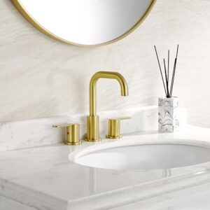 TimeArrow Brushed Gold 2 Handle 8 Inch Widespread Bathroom Sink Faucet with Pop-Up Drain, High Arc Modern Bathroom Vanity Lavatory Faucet 3 Holes with Brass 360° Swivel Spout, TAF830E-PB