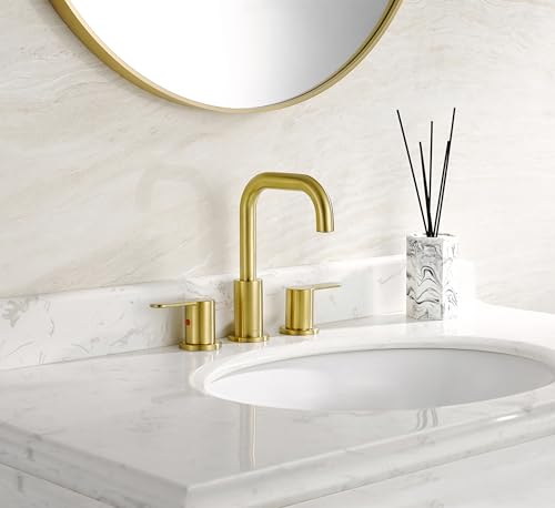 TimeArrow Brushed Gold 2 Handle 8 Inch Widespread Bathroom Sink Faucet with Pop-Up Drain, High Arc Modern Bathroom Vanity Lavatory Faucet 3 Holes with Brass 360° Swivel Spout, TAF830E-PB