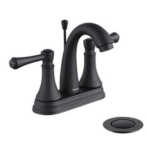 matte black 4 inch bathroom sink faucet 3 hole, 2 handle centerset bathroom faucet with metal casting spout, modern rv farmhouse vanity faucet, include drain with overflow and lift rod, taf410y-mb