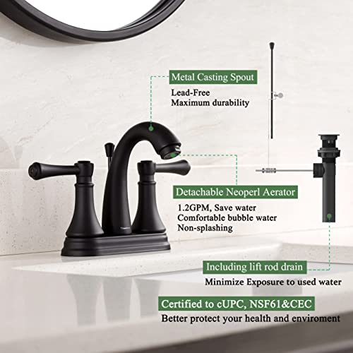 Matte Black 4 Inch Bathroom Sink Faucet 3 Hole, 2 Handle Centerset Bathroom Faucet with Metal Casting Spout, Modern RV Farmhouse Vanity Faucet, Include Drain with Overflow and Lift Rod, TAF410Y-MB