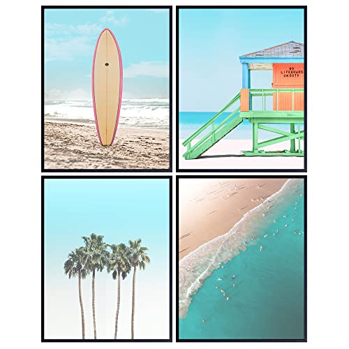 Ocean Art Print Set - Tropical Palm Trees and Surfing Wall Art Posters - Unique Home Decor for Lake or Beach House, Bathroom - Gift for Surfers - 8x10 Photo Unframed