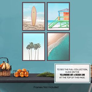 Ocean Art Print Set - Tropical Palm Trees and Surfing Wall Art Posters - Unique Home Decor for Lake or Beach House, Bathroom - Gift for Surfers - 8x10 Photo Unframed