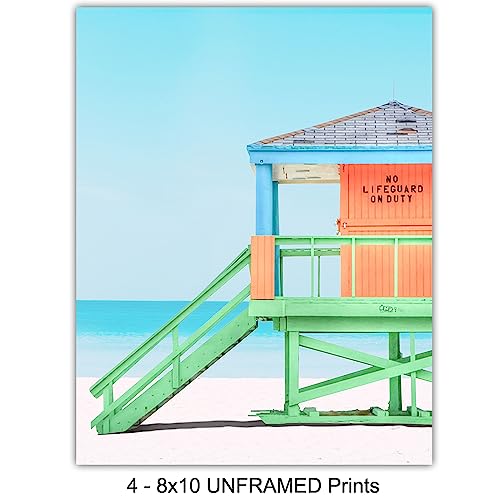 Ocean Art Print Set - Tropical Palm Trees and Surfing Wall Art Posters - Unique Home Decor for Lake or Beach House, Bathroom - Gift for Surfers - 8x10 Photo Unframed