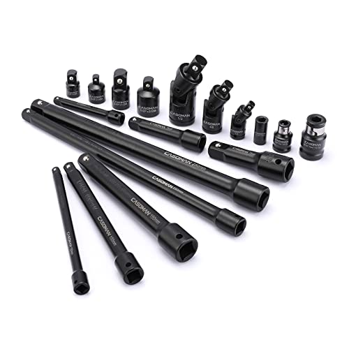 CASOMAN 18-Piece Drive Tool Accessory Set, Premium CR-V Steel with Black Phosphate Finish, Includes Socket Adapters, Extensions and Universal Joints and Impact Coupler, Professional Socket Accessories