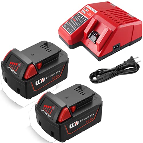 CELL9102 Replacement 2PACKS M18 Battery and Charger Combo for Milwaukee 18V 48-11-1850 Battery and Battery Charger 48-59-1812, Capacity Output 5.0Ah