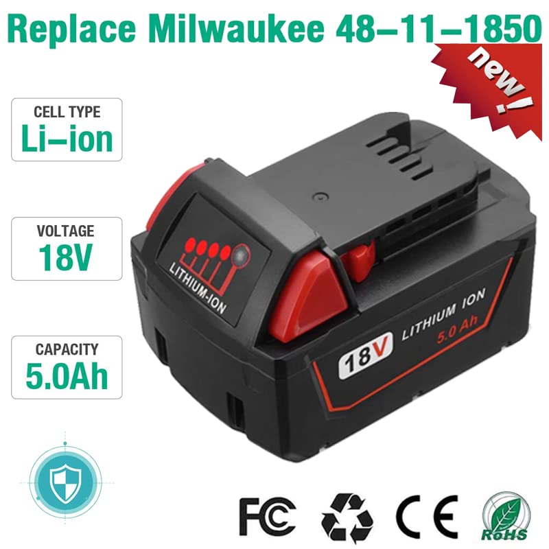 CELL9102 Replacement 2PACKS M18 Battery and Charger Combo for Milwaukee 18V 48-11-1850 Battery and Battery Charger 48-59-1812, Capacity Output 5.0Ah