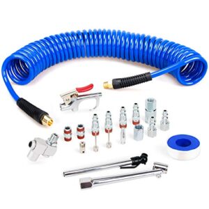 fypower 1/4 inch x 25 ft recoil poly air hose kit, 20 pieces air compressor accessories set, 1/4" npt quick connect air fittings, blow gun, chuck, safety and tapered nozzles, couplings