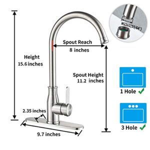 Kohonby Single Handle Kitchen Faucet Stainless Steel Brushed Nickel，Modern High Arc Kitchen Sink Faucet, Commercial Bar Sink Faucet One Hole with Deck